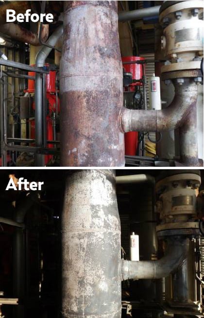 Dry ice blasting removes surface corrosion and failed coating